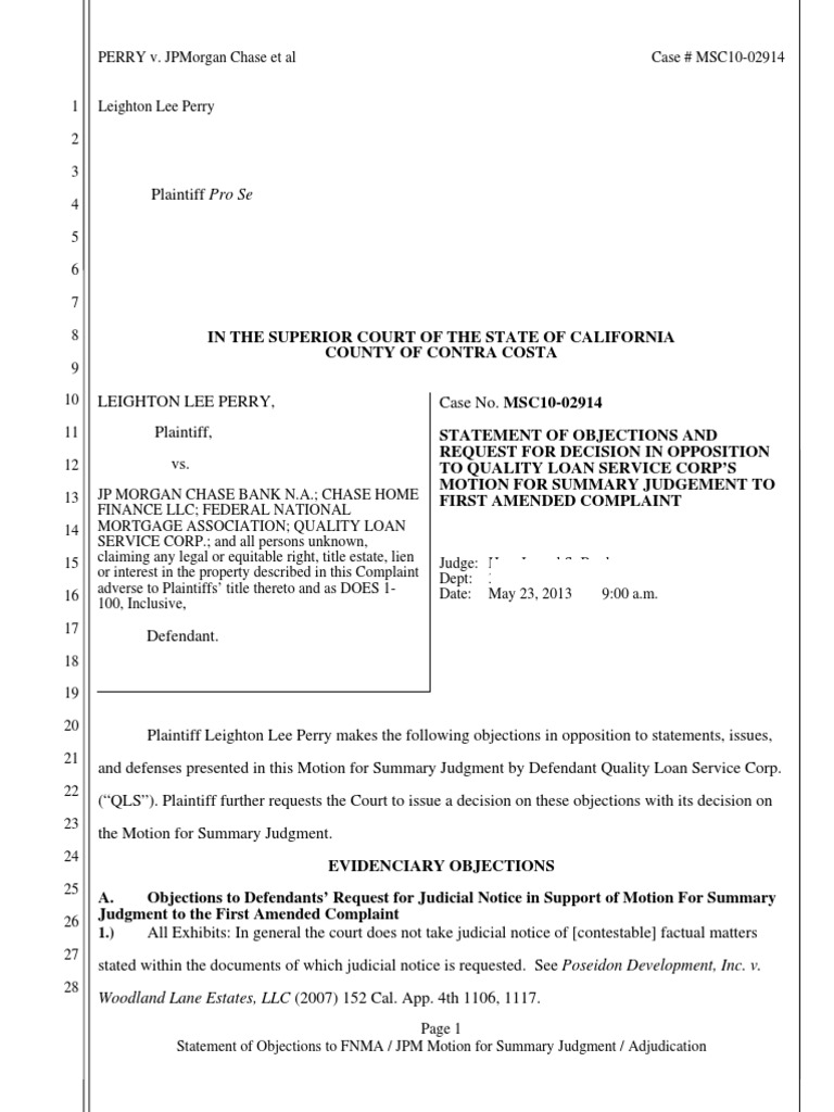 Plaintiff Statement of Objections / Request for Order to QLS MSJ ...