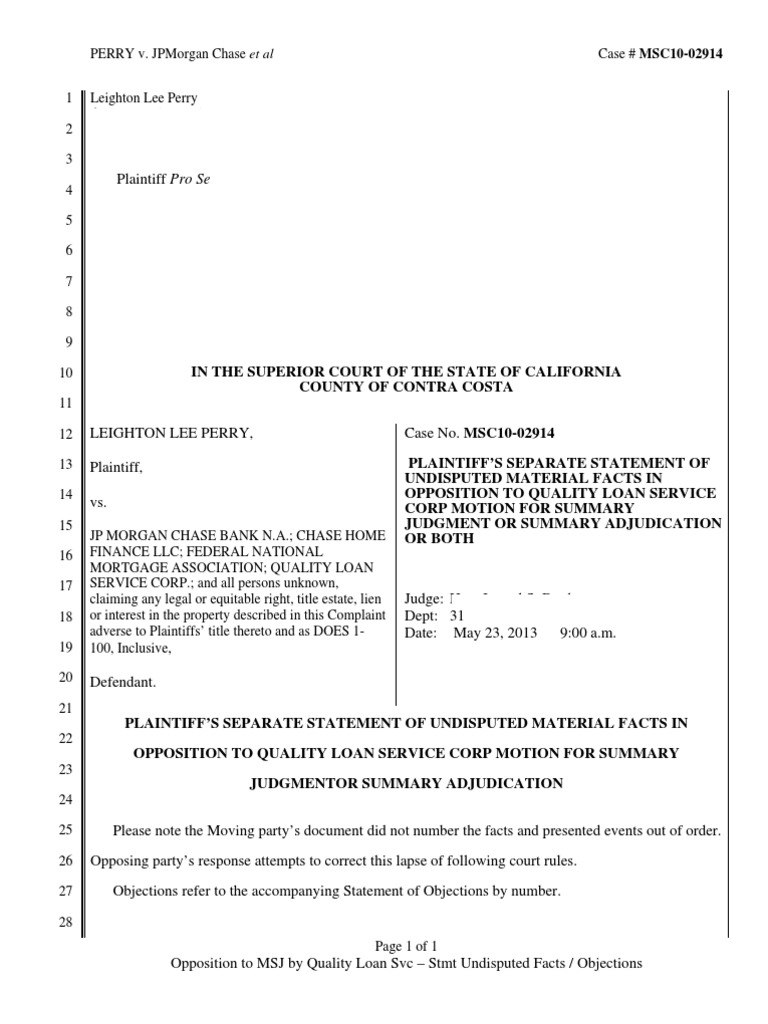 Plaintiff's Statement of Undisputed Facts to QLS | Deed Of Trust (Real ...