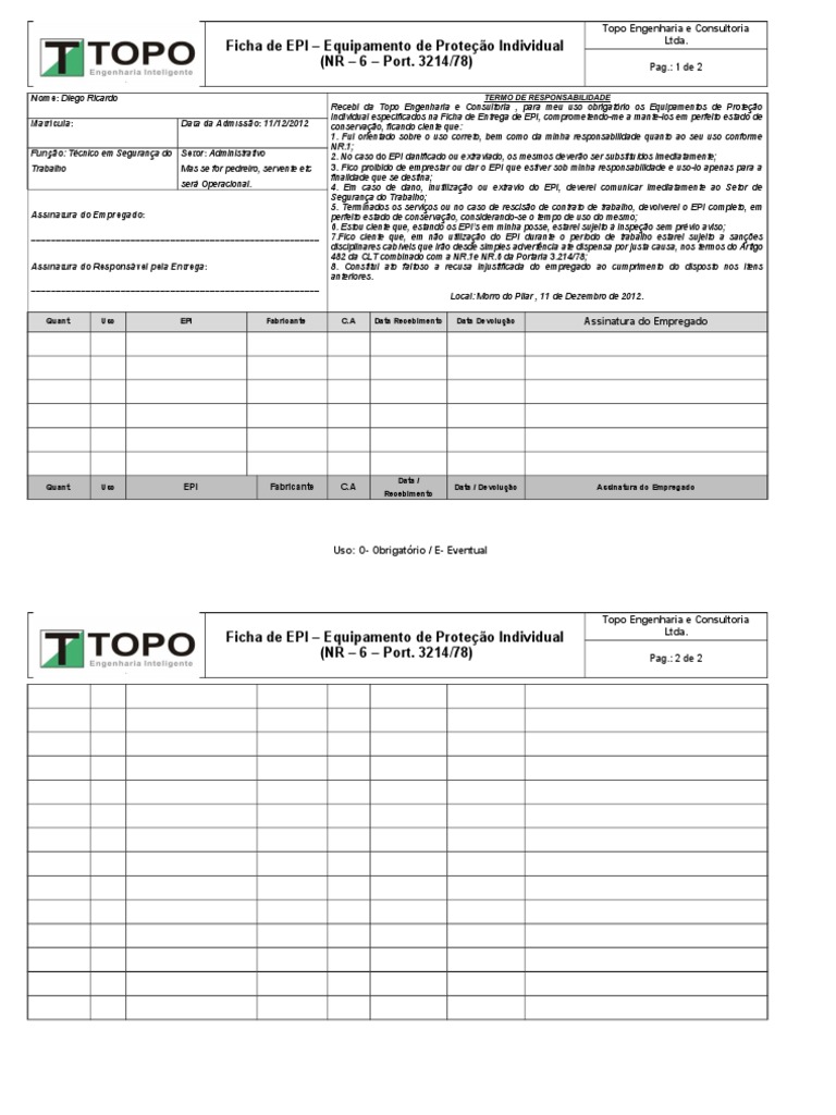 Modelo - Ficha de Epi | PDF