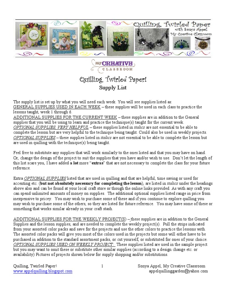 MCC Quilled Twirled Paper Suppy List | PDF | Necklace | Art Materials