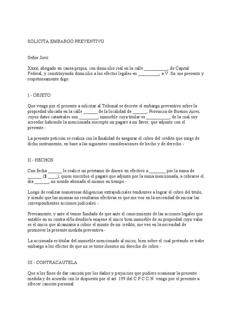 Solicita Embargo Preventivo | PDF | Finanzas y dinero | Ciencias sociales