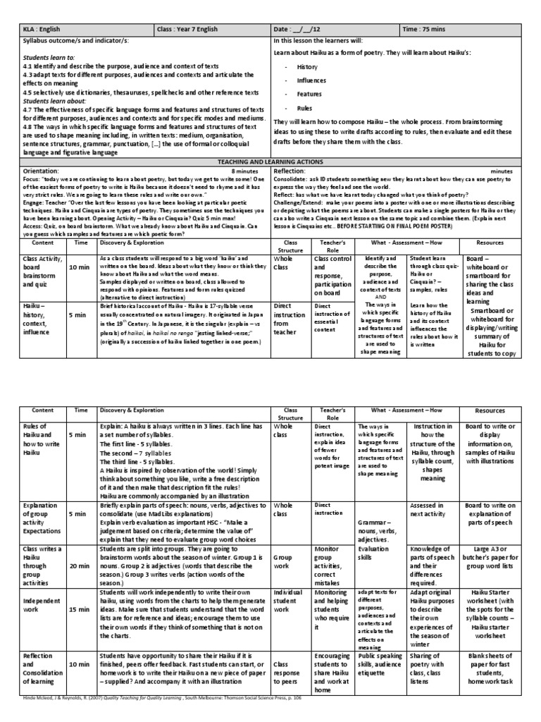 Haiku and Cinquain Lesson Plan - OGER Landscape Orientation | PDF ...
