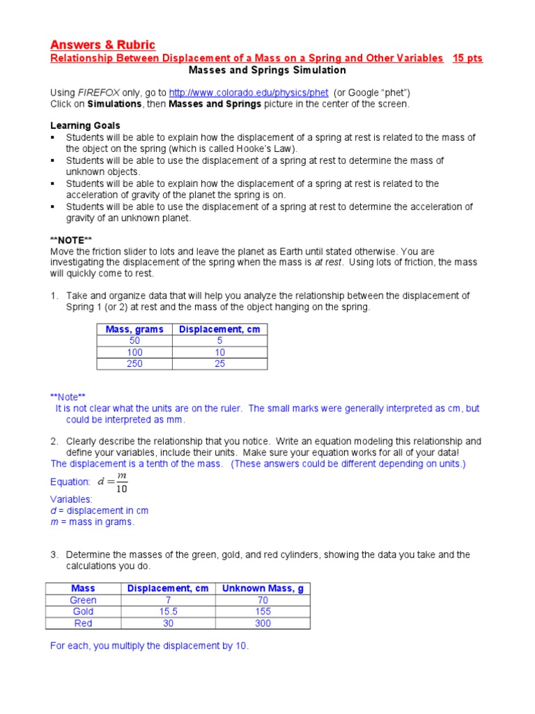 Hooke's Sim Answers & Rubric | PDF | Mass | Gravity