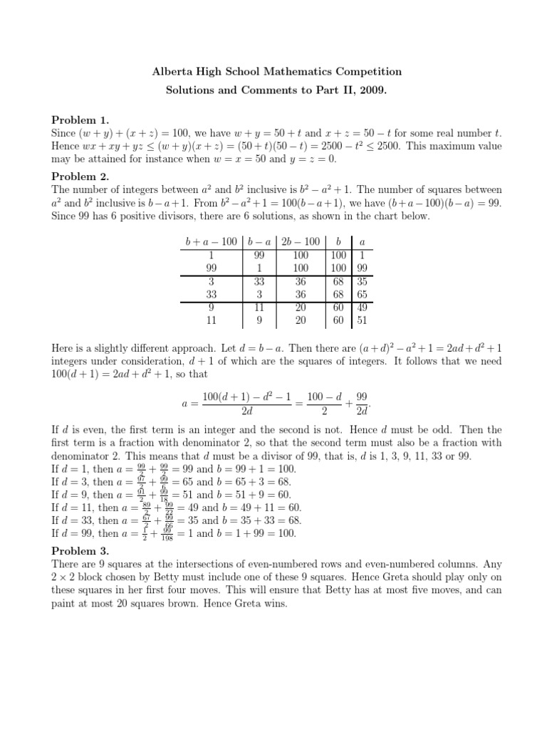 Alberta High School Mathematics Competition Solutions and Comments To ...