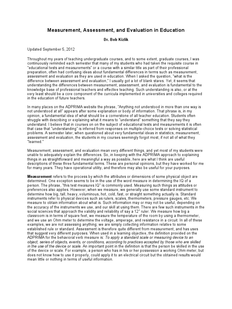 Measurement, Assessment, and Evaluation in Education: Dr. Bob Kizlik ...