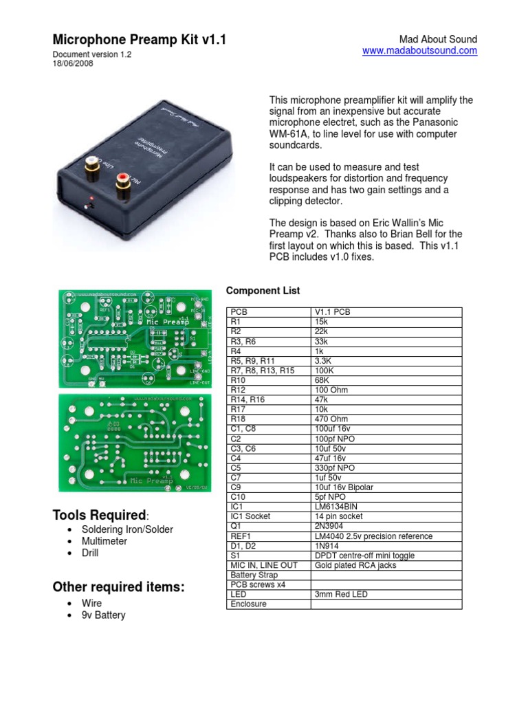 Mic Preamp v1.1 Build Instructions | PDF | Microphone | Printed Circuit ...