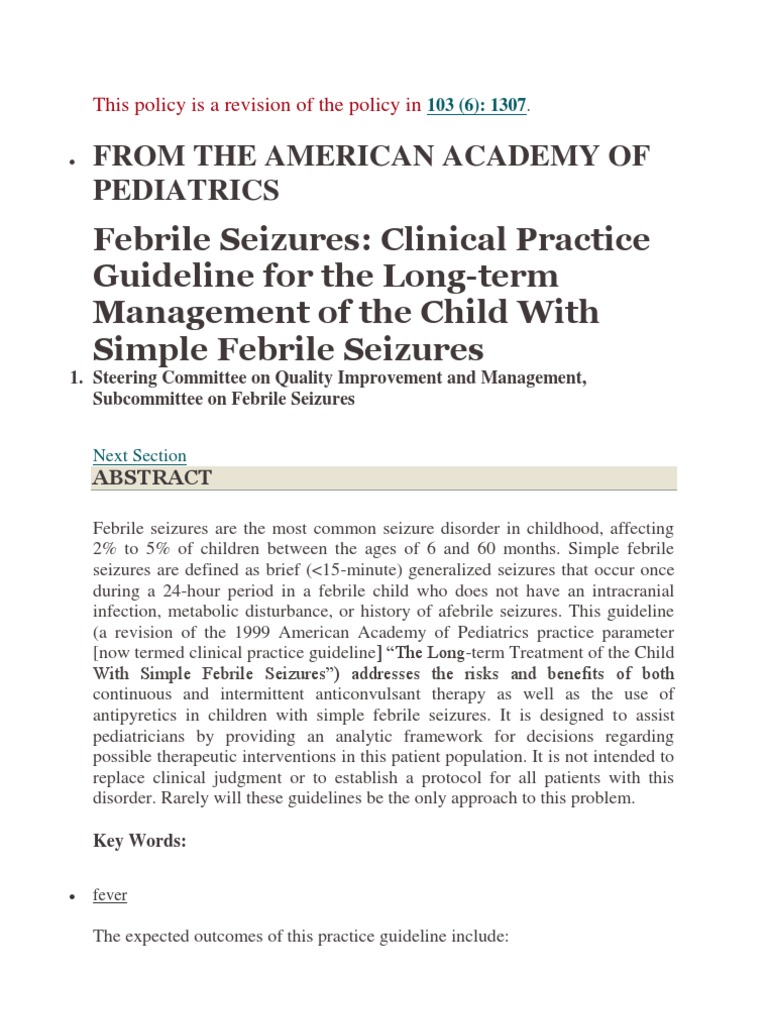 Febrile Seizures: Clinical Practice Guideline For The Long-Term ...