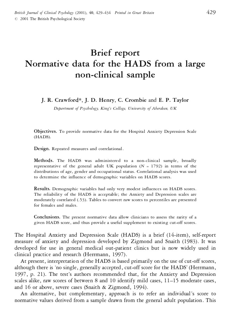 Brief Report Normative Data For The HADS From A Large Non-Clinical ...