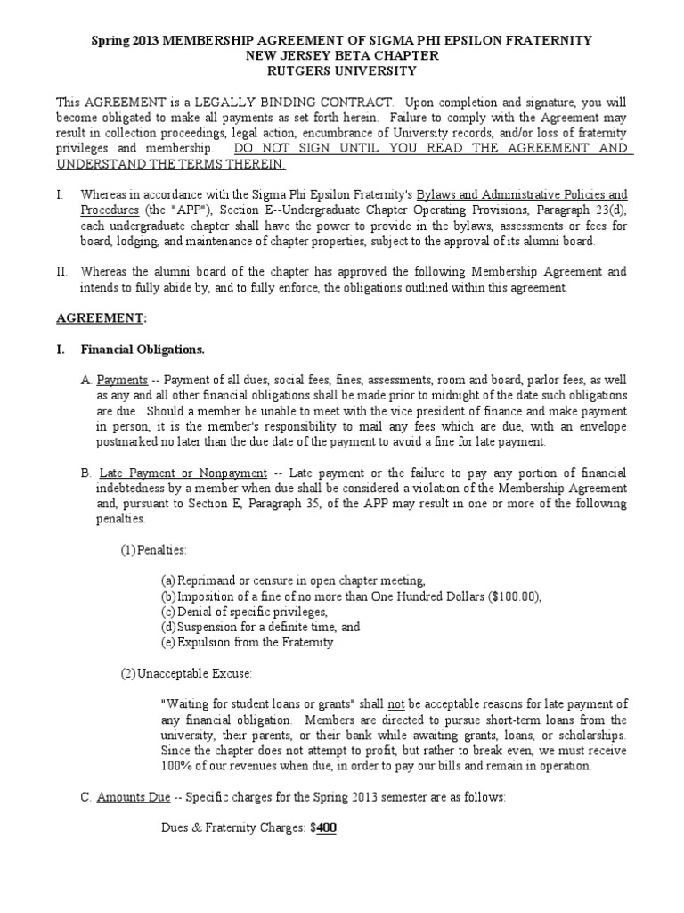 Membership Agreement | Fraternities And Sororities | Loans