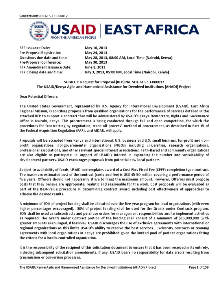 USAID Kenya AHADI Project RFP | PDF | Request For Proposal | Offer And ...
