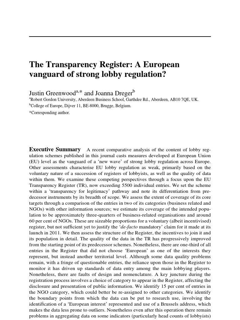 The Transparency Register, A European Vanguard of Strong Lobby ...