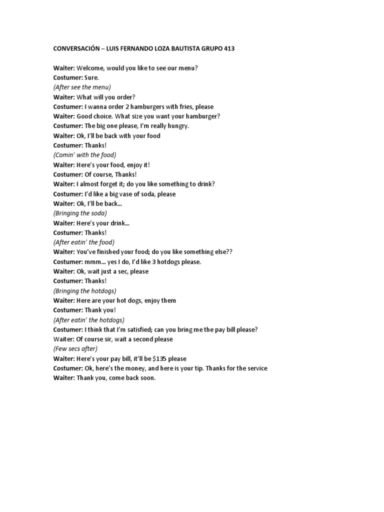Restaurant Order Conversation Example | PDF | Cooking, Food & Wine ...