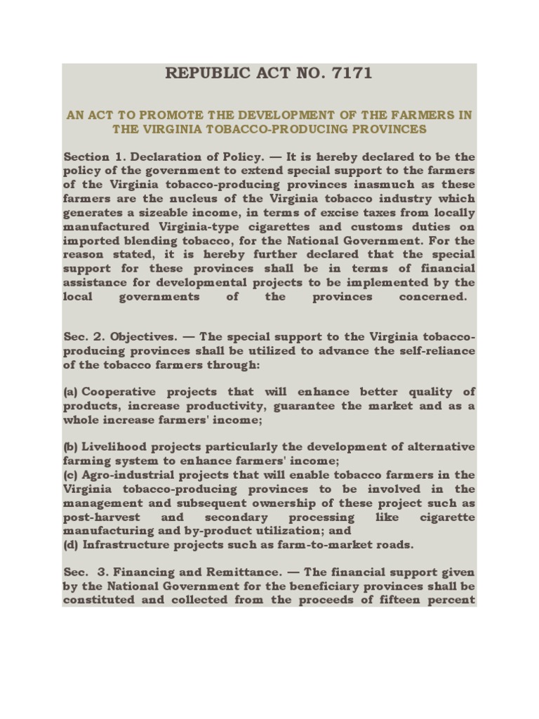RA 7171-Promote The Development of The Farmers in Virginia Tobacco ...