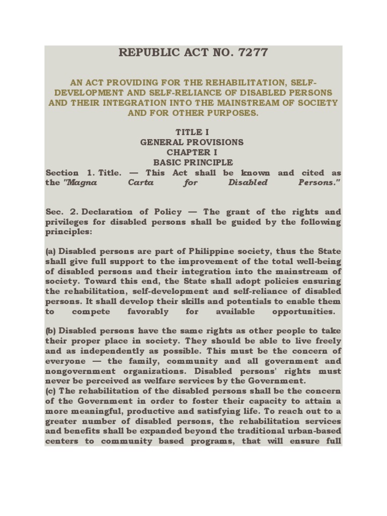 RA 7277 - Magna Carta For Disabled Persons | PDF | Rehabilitation ...