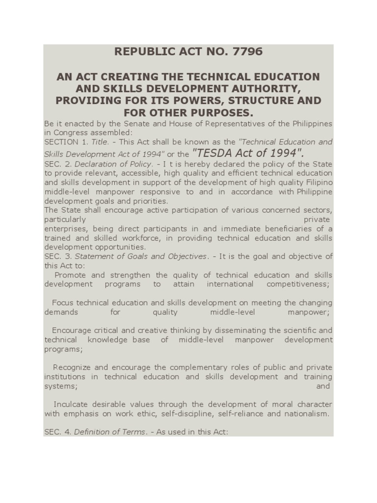 RA 7796-TESDA Act of 1994 | PDF | Vocational Education | Apprenticeship