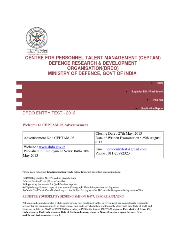 Drdo Entry Test | PDF | Identity Document | Test (Assessment)