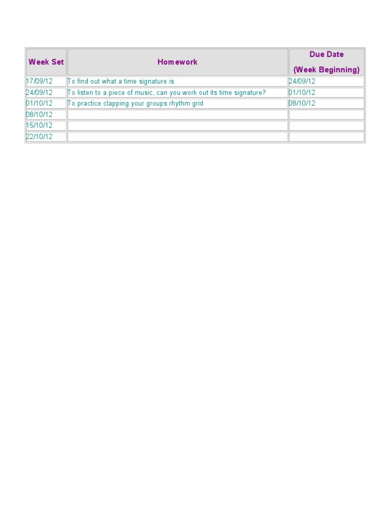 Week Set Homework Due Date (Week Beginning) | PDF | Language Arts ...