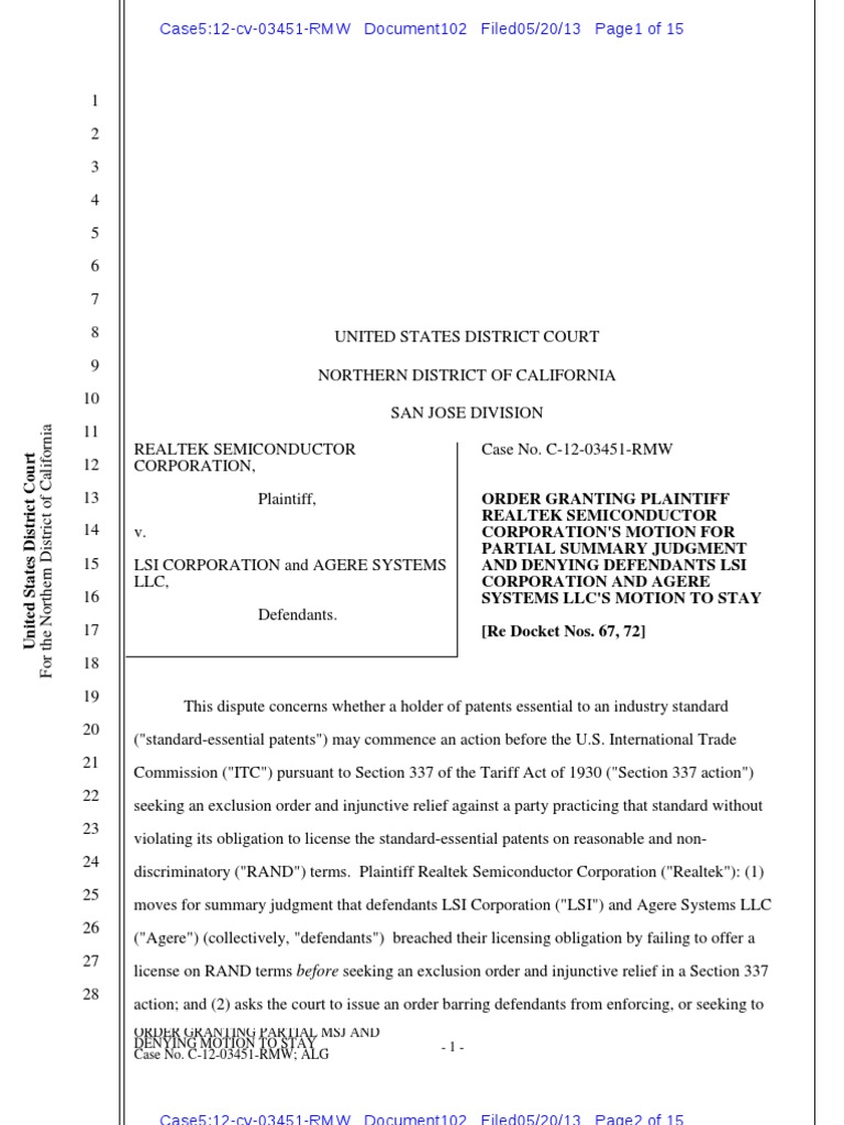 13-05-20 RealTek v. Agere Preliminary Injunction Against ITC Exclusion ...