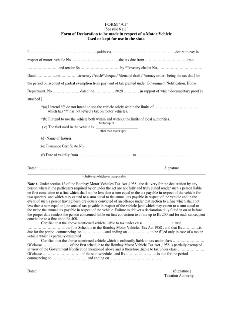 Form of Declaration To Be Made in Respect of A Motor Vehicle Used or ...