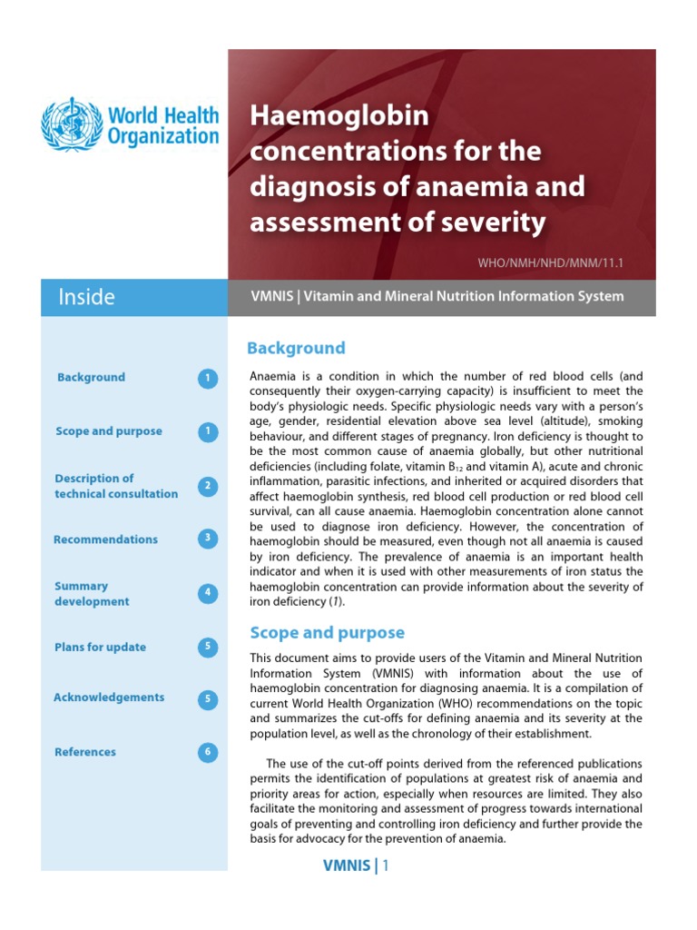 WHO - Haemoglobin Level For Anemia 2011 | PDF | Anemia | World Health ...