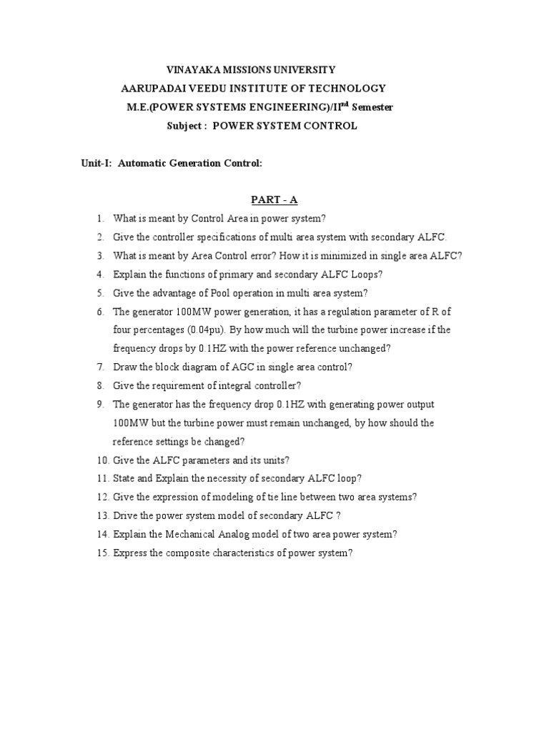 Power System Control Question | PDF | Electric Power System ...