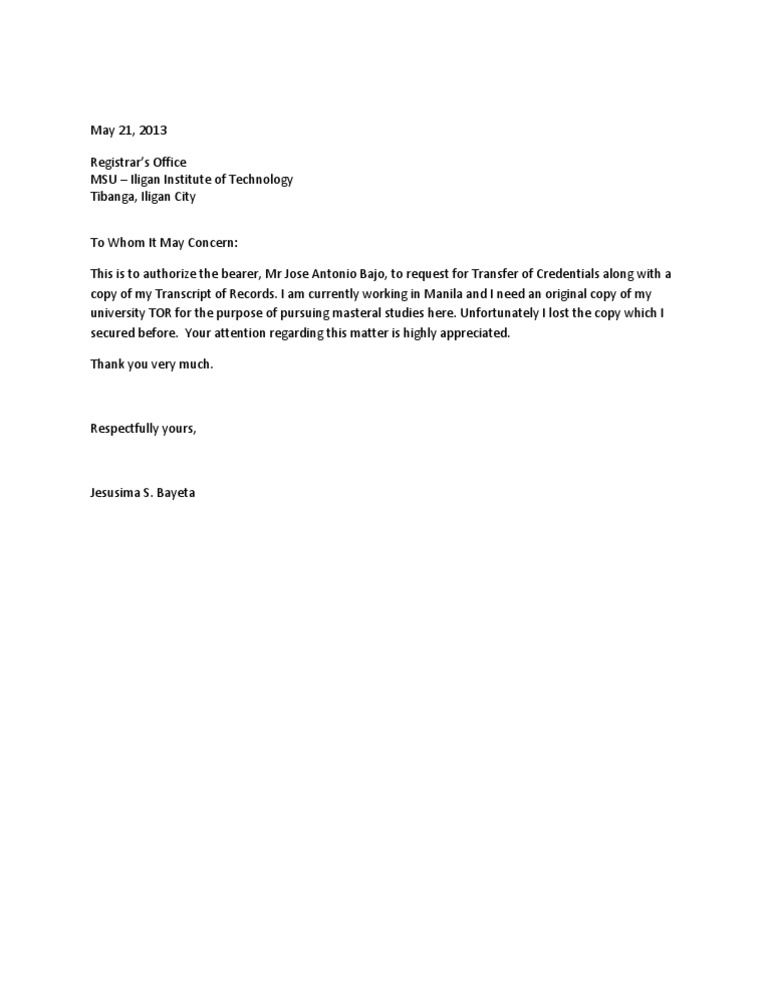 Authorization Letter for TOR Request | PDF