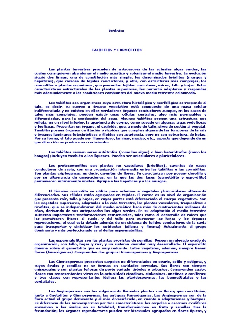 Botanica Talofitos y Cormofitos | PDF | Plantas | Tallo de la planta