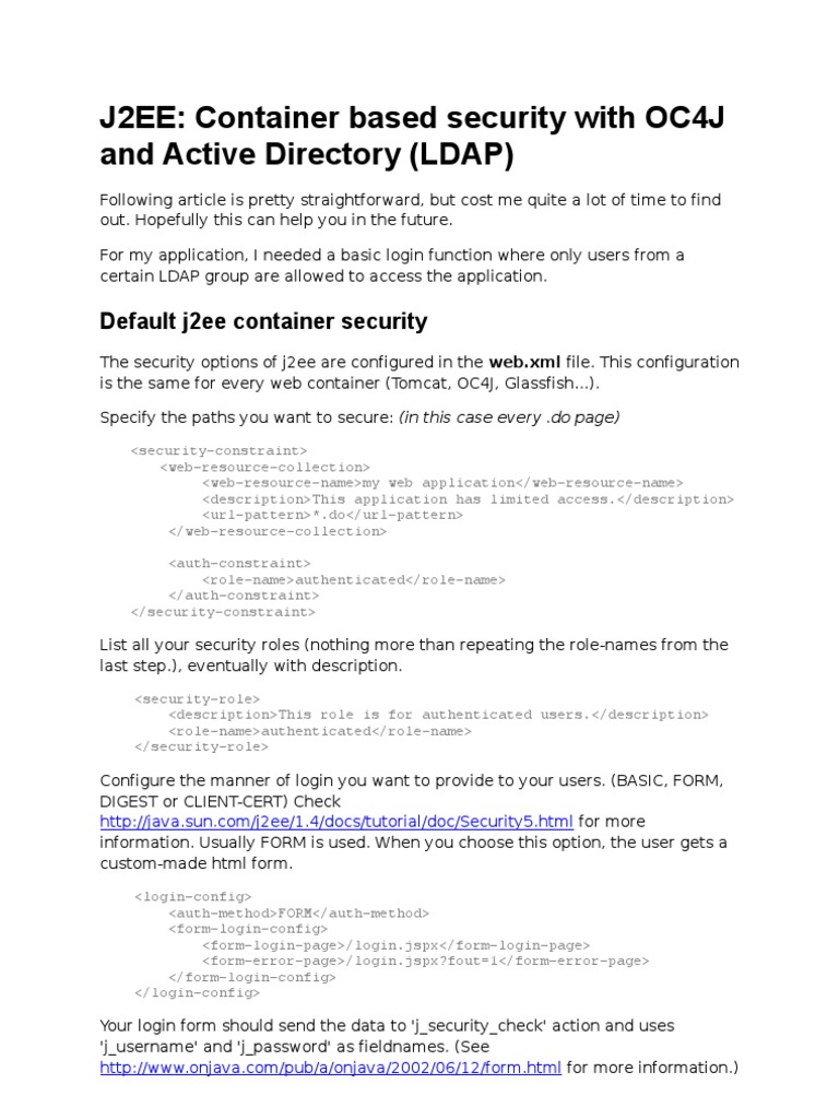 J2EE: Container Based Security With OC4J and Active Directory (LDAP) | Download Free PDF ...