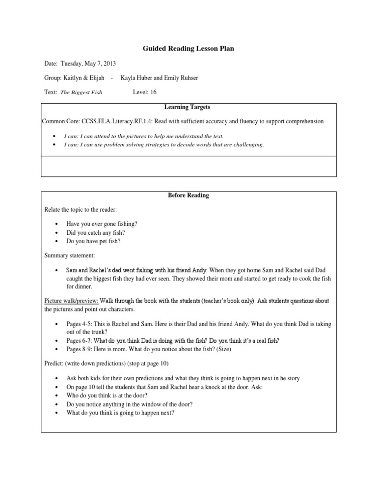Guided Reading Lesson Plan Kayla | PDF | Reading Comprehension ...