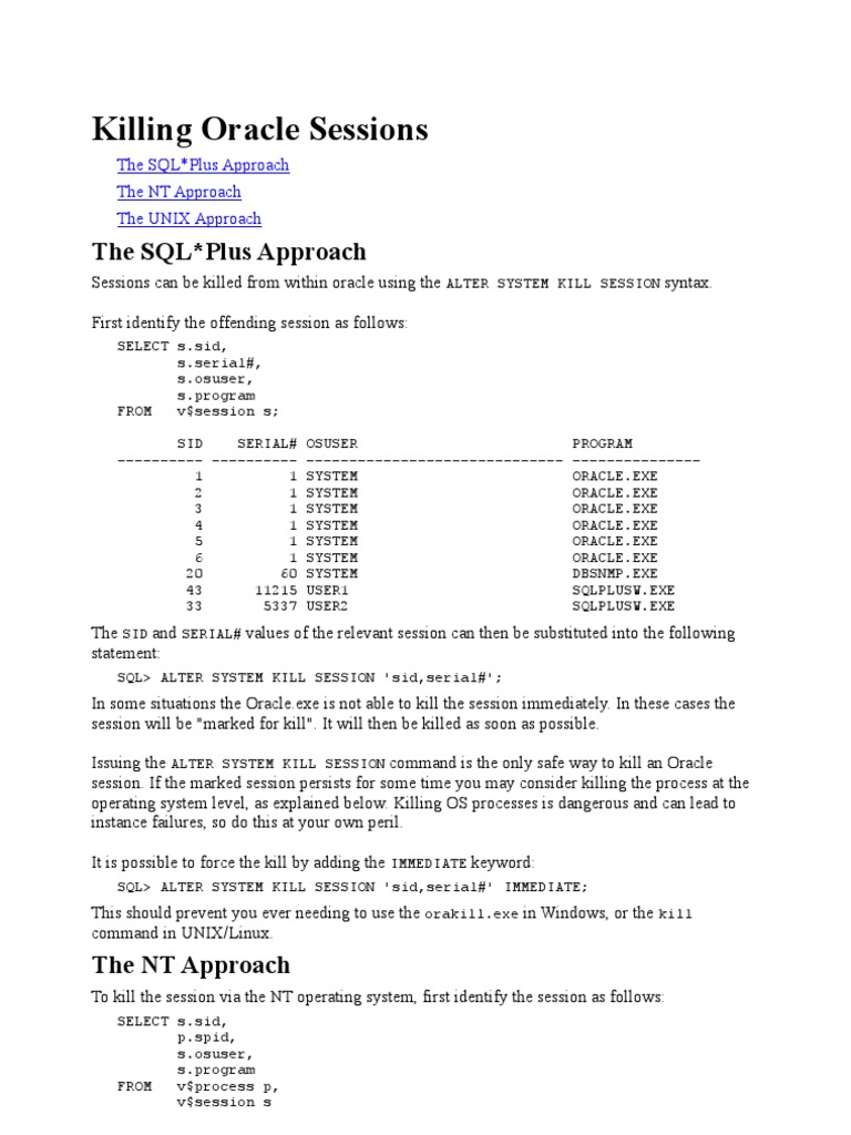 Killing Oracle Sessions | PDF | Oracle Database | Operating System