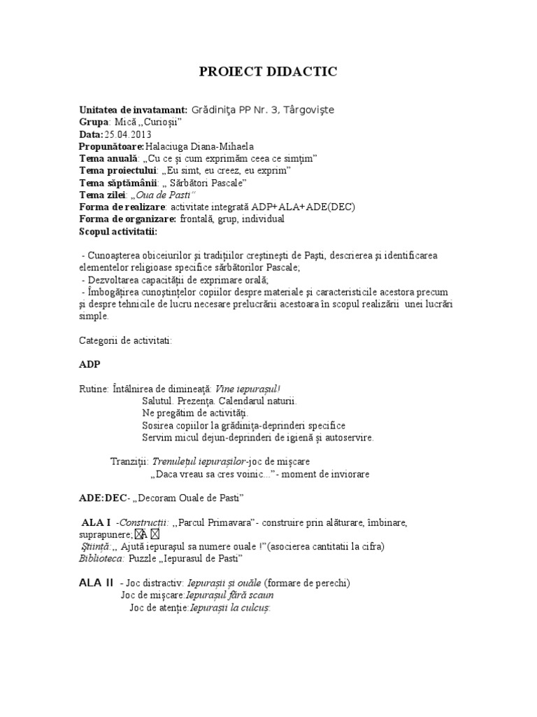 Proiect Didactic-Gradinita Activitate Integrata