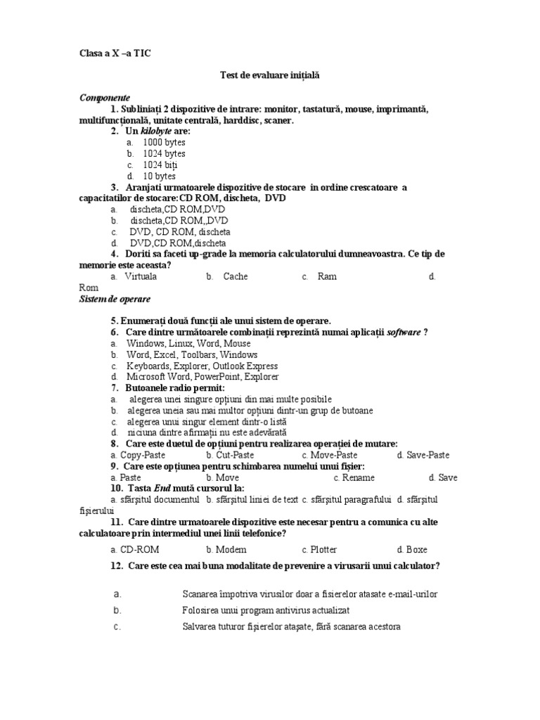 Test Initial Clasa A X A TIC | PDF