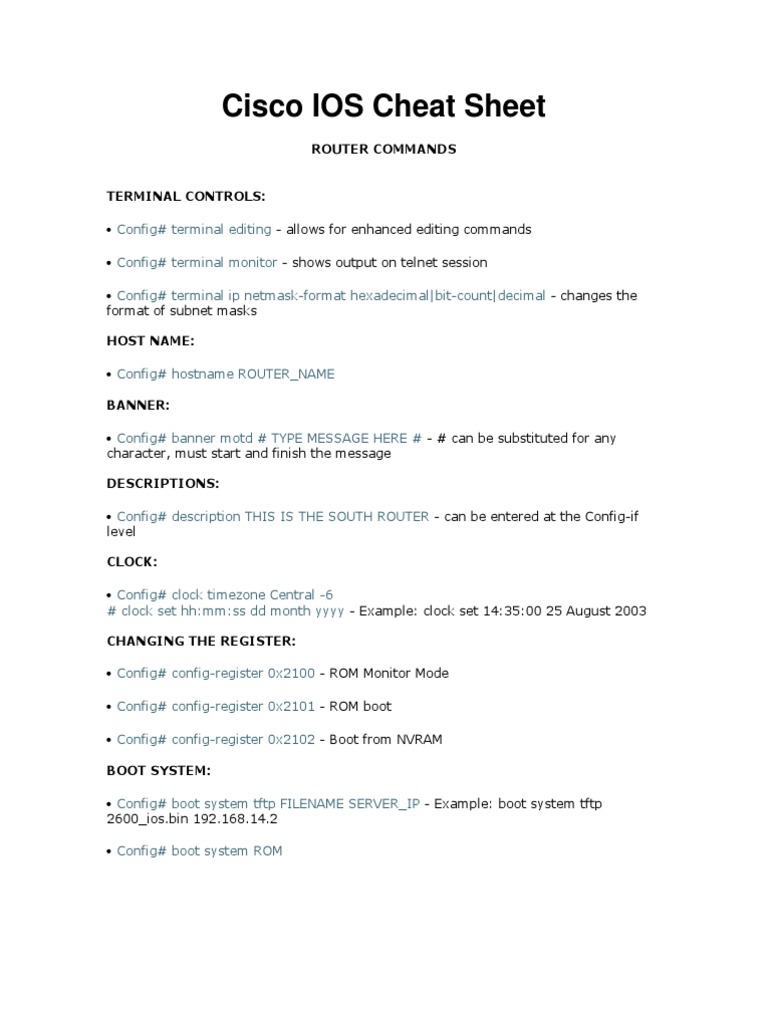 Cisco IOS Cheat Sheet | PDF | Ip Address | Network Socket