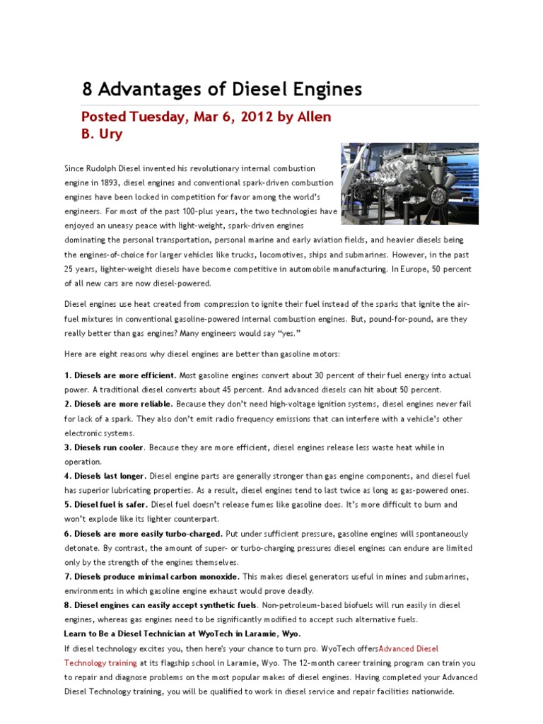 Benefits of Diesel Engines Explained | PDF | Diesel Engine | Internal ...