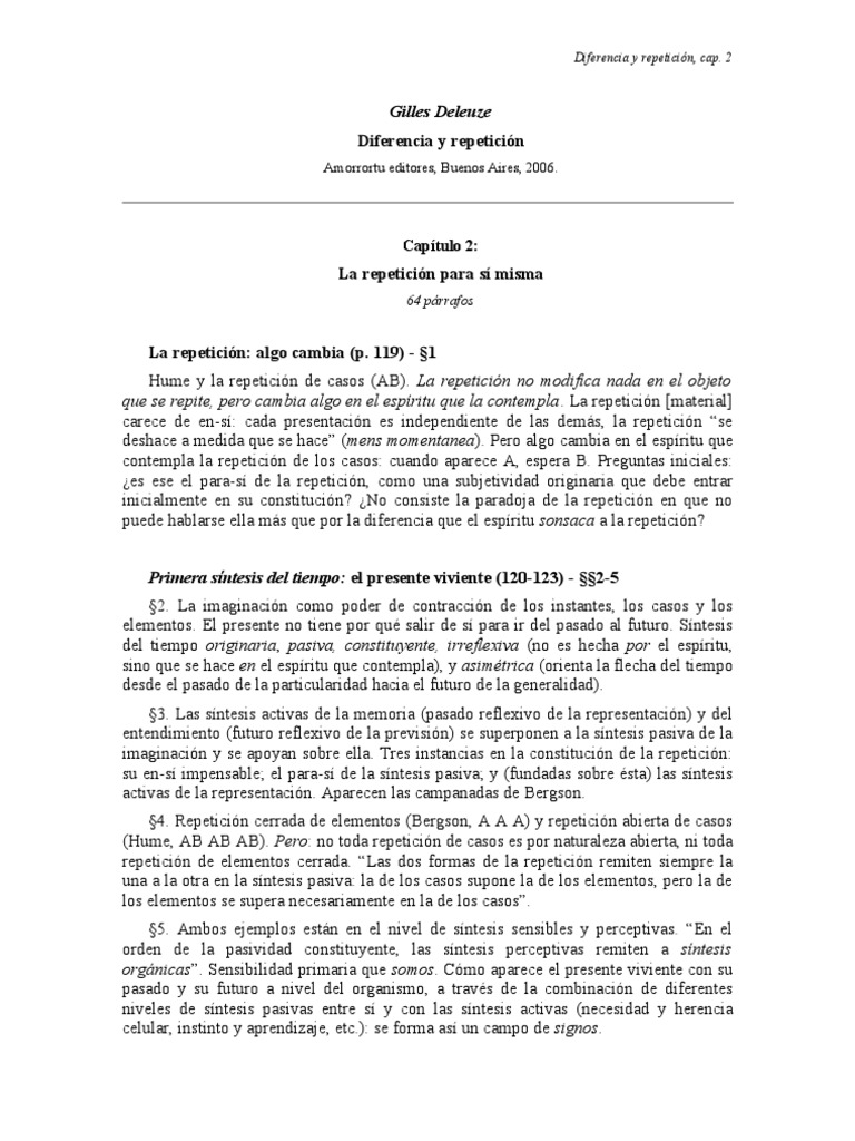 Repetición y Diferencia en Deleuze | PDF | Psicoanálisis | Immanuel Kant