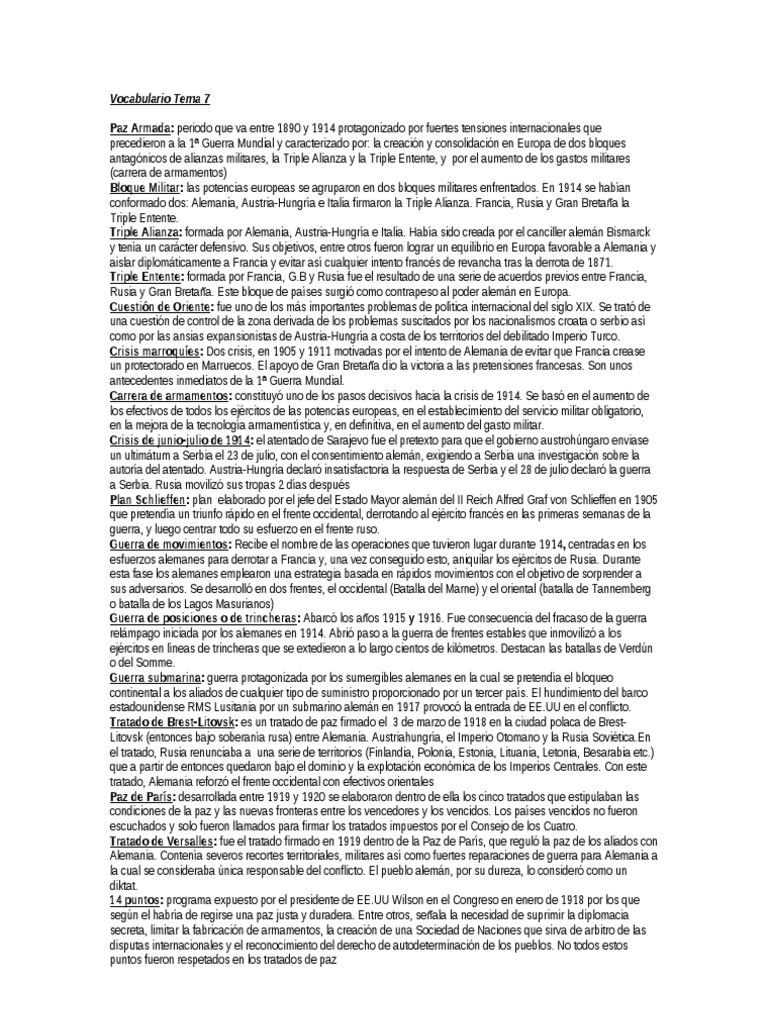 Vocabulario Tema 7 | PDF | Primera Guerra Mundial | Liga de las Naciones
