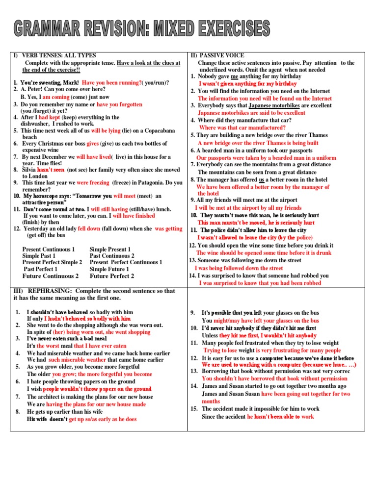 Mixed Grammar Exercises and Solutions | PDF | Perfect (Grammar ...