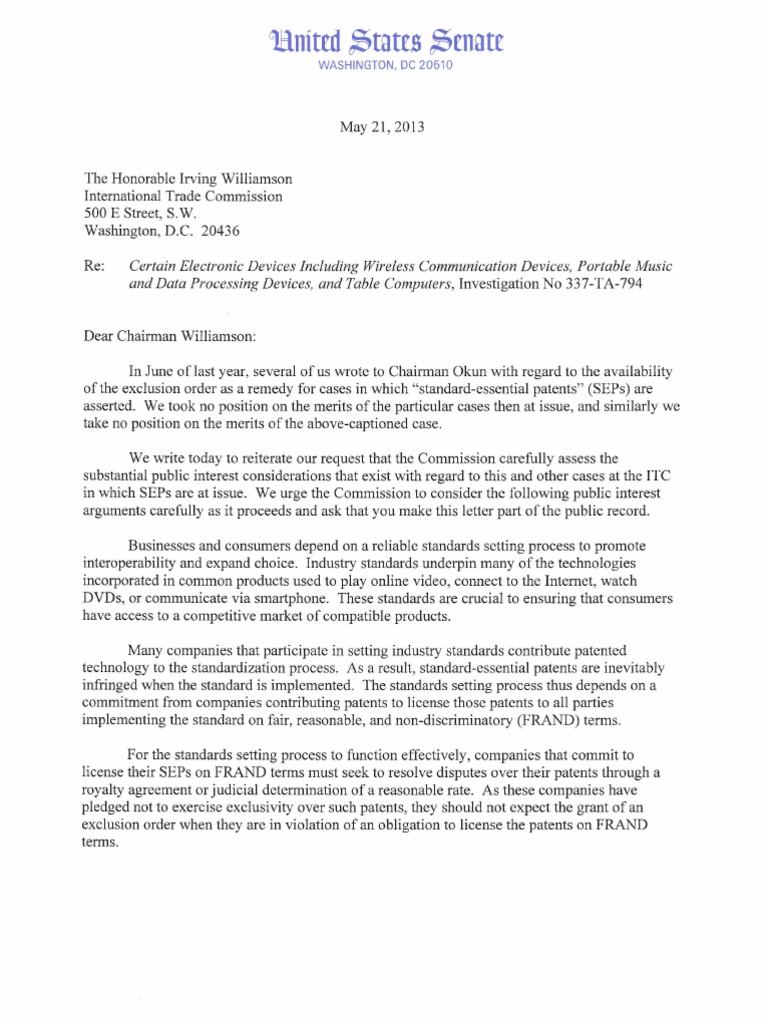 ITC Letter on Standard Essential Patents | Patent | Government Information