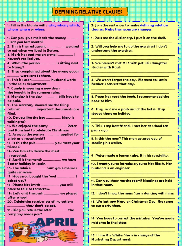 Defining Relative Clauses Handout | PDF