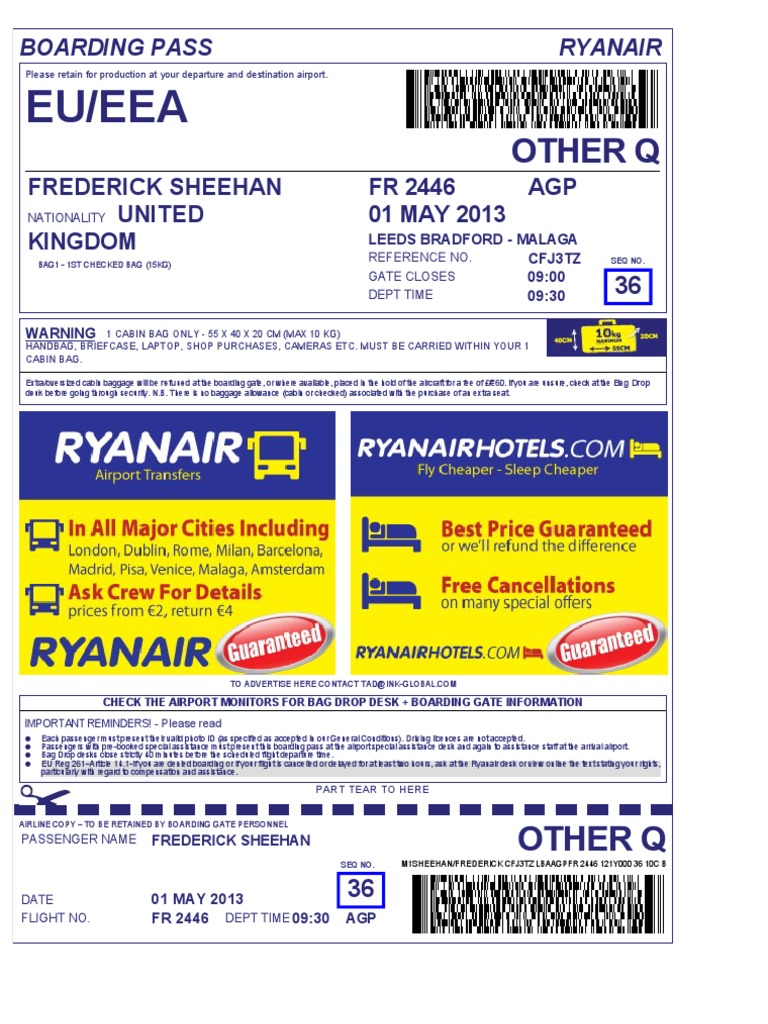 Ryanair Boarding Pass | PDF | Baggage | Driver's License