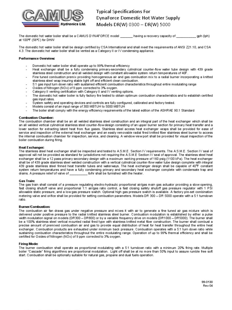 DynaForce Boiler Specs | PDF | Combustion | Water Heating