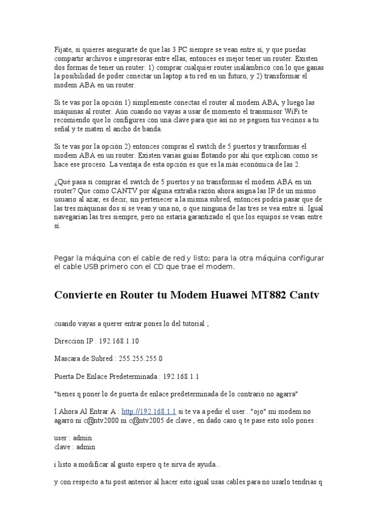 Configura Modem Huawei MT882 como Router | PDF | Dirección IP ...