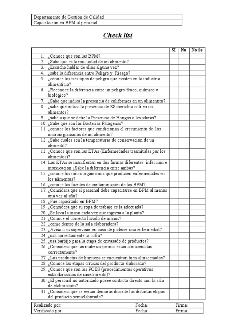 Check List BPM | PDF | Microorganismo | Alimentos