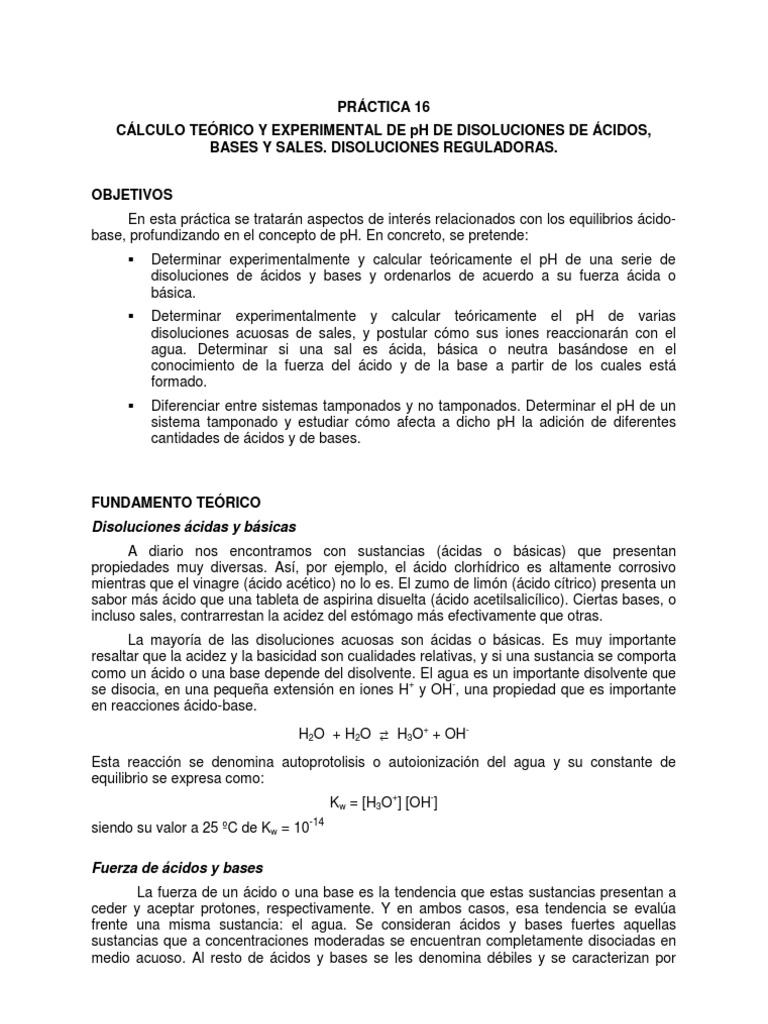 Practica 16 Calculo Teorico y Experimental de PH de Disoluciones de Acidos Bases y Sales ...