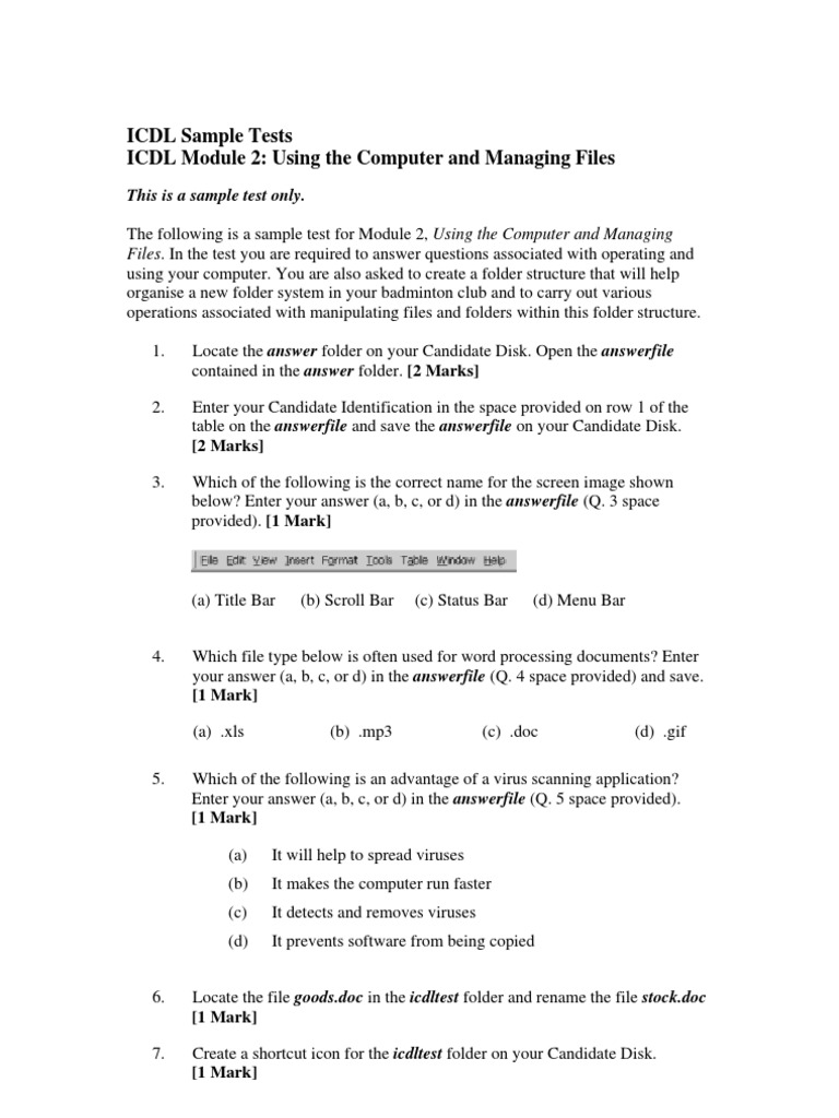 ICDL Sample Tests ICDL Module 2: Using The Computer and Managing Files ...