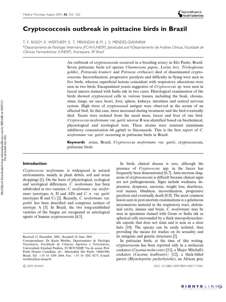 Cryptococcosis Outbreak in Psittacine Birds in Brazil: Medical Mycology ...