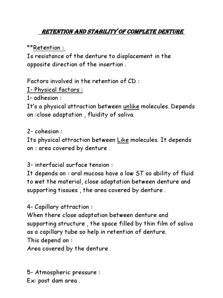 Retention and Stability of Complete Denture | PDF | Dentures | Dental ...