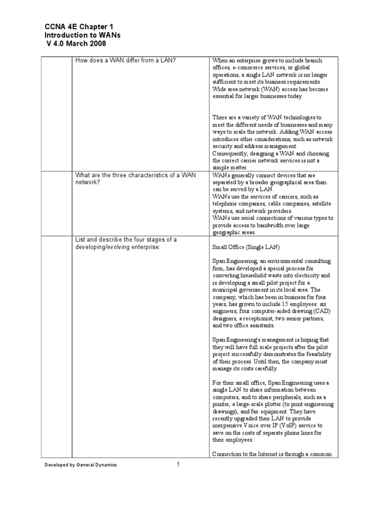 Ccna 4E Chapter 1 Introduction To Wans V 4.0 March 2008: Developed by General Dynamics | PDF ...