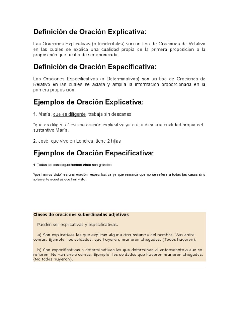 Oración Explicativa y Especificativa | PDF | Oración (Lingüística ...