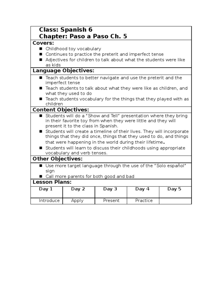 Class: Spanish 6 Chapter: Paso A Paso Ch. 5: Covers | PDF | Vocabulary ...